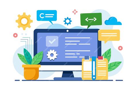 Premium Vector Computer Screen Displaying Various Icons Above It Related To Programming And