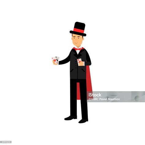 우아한 검은 양복과 트릭 카드 놀이 서커스 수행자 벡터 일러스트 레이 션을 수행 하는 빨간 케이프 마술사 검은색에 대한 스톡 벡터 아트 및 기타 이미지 Istock