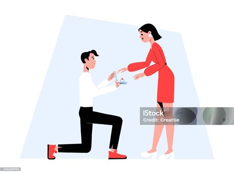 남자는 사랑 헌신 그리고 낭만적 인 제스처를 상징하는 플랫 벡터 일러스트 레이 션에서 약혼 반지와 함께 여자에게 제안 흰색 배경에 고립 결혼 반지에 대한 스톡 벡터 아트 및
