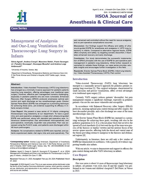 Management Of Analgesia And One Lung Ventilation For Thoracoscopic Lung Surgery In Infants Pdf