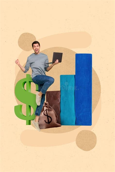 Vertical Collage Image Of Delighted Excited Guy Use Netbook Raise Fist Celebrate Accomplishment