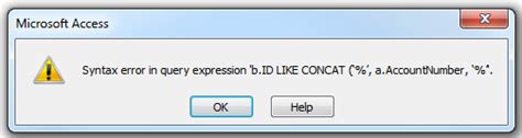 Sql Getting Syntax Error In Query Expression Using Like Concat