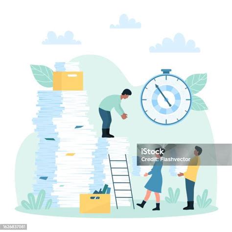 사무 업무에서 서류 정리 작은 사람들이 종이 문서 더미를 무겁게 나르고 있습니다 지폐에 대한 스톡 벡터 아트 및 기타 이미지 지폐 개념 만화 Istock