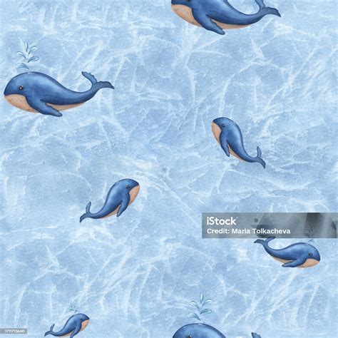 파란색에 고래가 헤엄치는 매끄러운 패턴 향유 고래는 물이 튀는 것을 만들어냅니다 부드러운 수채화 물감이 있는 배경 섬유 인쇄
