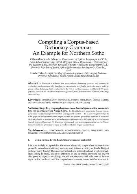 Pdf Compiling A Corpus Based Dictionary Grammar An Example For Northern Sotho