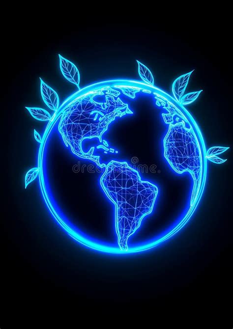Glowing Blue Earth Globe With Leaves Eco Friendly Map Dark Neon World Green Image Light Stock