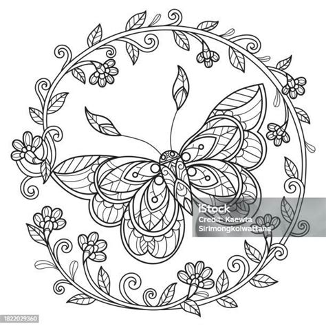 원형 프레임과 성인 색칠 공부 책에 대 한 아름 다운 나비 손으로 그린 색칠하기에 대한 스톡 벡터 아트 및 기타 이미지 색칠하기 나비 프레임 Istock