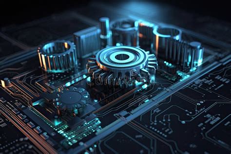 Digital Gear Wheels On Circuit Board High Technology Engineering Generative Ai Stock