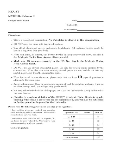 Math1014 Sample Final Exam Pdf Test Assessment Multiple Choice