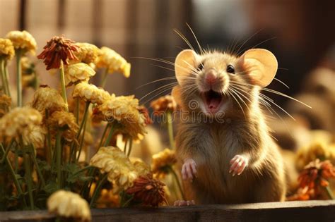 Small Cute Brown Mouse Standing On Hind Legs Near Yellow Flowers Stock Image Image Of Brown