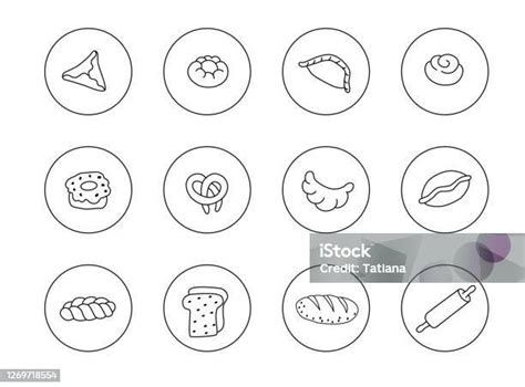 검은 색 선형 베이커리 아이콘 세트 격리된 벡터 요소입니다 과자 빵 빵 덩어리 파이 베이글 크루아상 치즈 케이크 스트레칭 0명에 대한 스톡 벡터 아트 및 기타 이미지