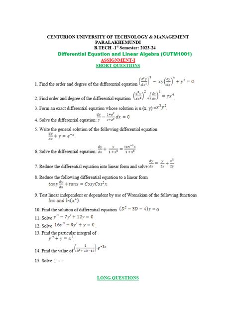 assignments differential equation and linear algebra cutm1001 pdf