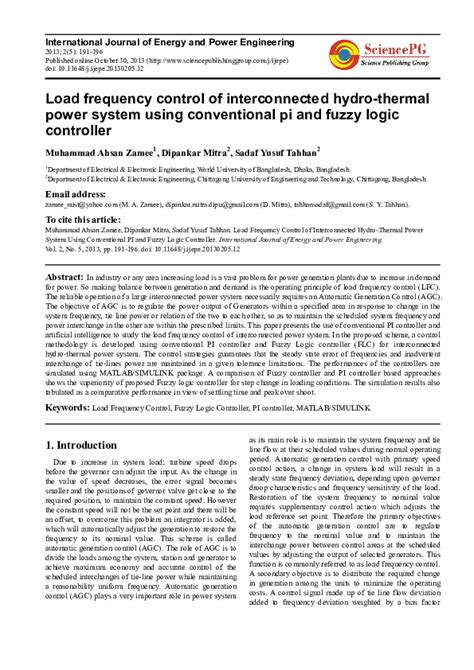 Pdf Load Frequency Control Of Interconnected Hydro Thermal Power System Using Conventional Pi