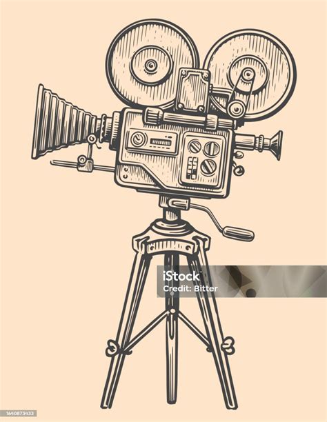 조각 스타일의 삼각대에 있는 복고풍 비디오 영화 카메라 Tv 영화관 프로젝터 스케치 일러스트레이션 영화 촬영법에 대한 스톡 벡터