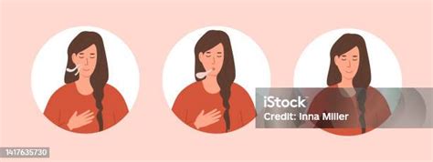 서클 아바타 또는 복부 호흡을하는 젊은 여성의 초상화 세트 깊은 배꼽 호흡 기술 숨을 내쉬고 흡입하는 여성 명상 횡격막 운동 프라나야마 요가 벡터 호흡 운동에 대한 스톡