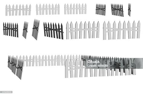 흰색과 검은색 나무 울타리가 줄지어 서 있습니다 울타리는 다양한 위치에 있으며 일부는 기울어 져 있고 일부는 부서져 있으며 일부는 똑바로 서 있습니다 장면은 부패와 포기의
