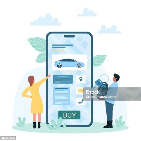 온라인 자동차 검색 작은 사람들은 모바일 앱에서 딜러 또는 소유자의 광고를 확인합니다 자동차 대리점에 대한 스톡 벡터 아트 및 기타 이미지 자동차 대리점 임대 교통