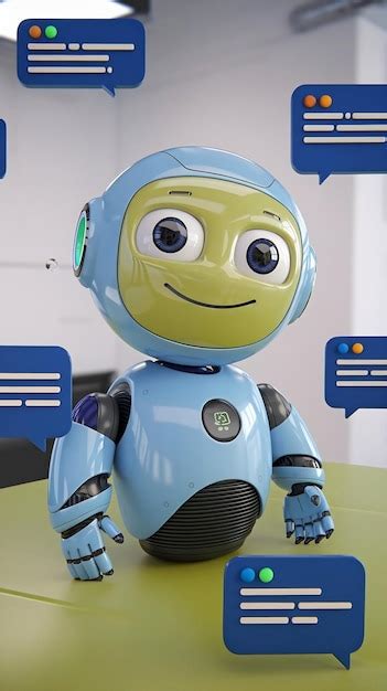 3d Rendering Smiling Robot With Mock Up Texts Bubbles And Messages Premium Ai Generated Image
