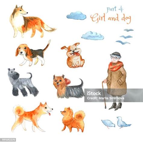 귀여운 서러브레드 견세트 만화 스타일의 수채화 일러스트레이션 가을에 대한 스톡 벡터 아트 및 기타 이미지 가을 갈색 강아지 개 Istock