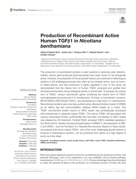 Pdf Production Of Recombinant Active Human Tgfβ1 In Nicotiana Benthamiana