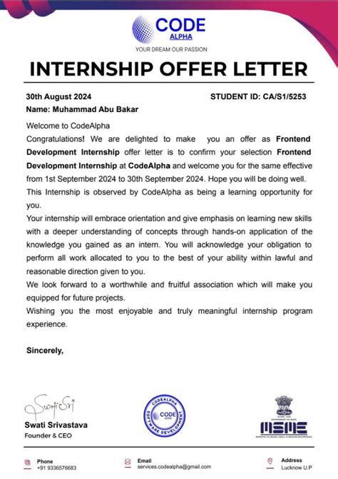 muhammad abu bakar on linkedin frontenddevelopment internship codealpha