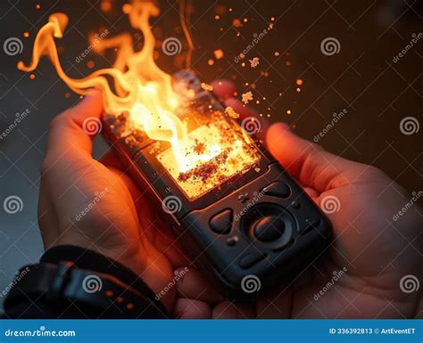 Explosion Of Pager Filled With Explosives In Hand Danger Fire And Ignition Of Plastic Stock