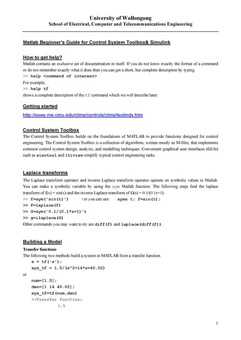 Matlab Beginners Guide For Control System Babe Of Electrical Computer And