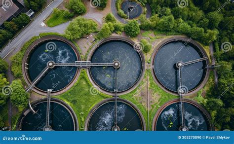 Aerial View Of Wastewater Treatment Plant Filtration Of Dirty Or