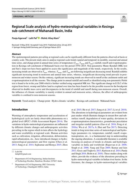 Regional Scale Analysis Of Hydro Meteorological Variables In Kesinga Sub Catchment Of Mahanadi