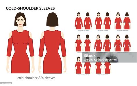 콜드 숄더 옷 세트 긴 34 팔꿈치 짧은 길이의 테크니컬 패션 일러스트와 몸에 맞는 세트 플랫 의류 템플릿 앞면 뒷면 여성 남성 남녀 공용 Cad 모형 T 셔츠에 대한 스톡