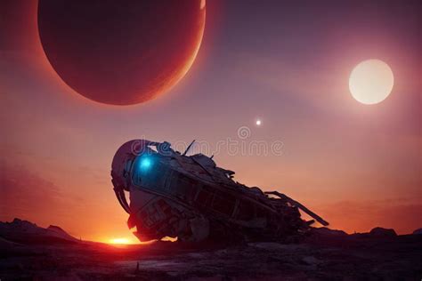 Crashed Spaceship On An Alien Planet With Moons In The Background Stock Illustration