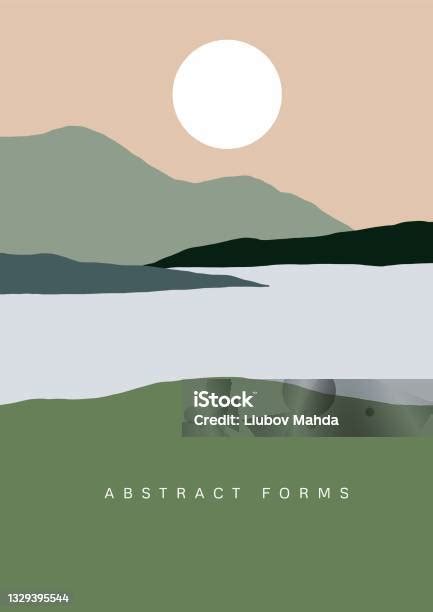 추상적인 산악 풍경 포스터 자연 배경 태양 달 바다 중반 세기 현대 미술 인쇄 벡터 0명에 대한 스톡 벡터 아트 및 기타 이미지
