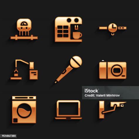 마이크 노트북 보안 카메라 사진 세탁기 로봇 로봇 팔 손 공장 손목 시계 및 스마트 센서 아이콘을 설정합니다 벡터 가사 집안일에