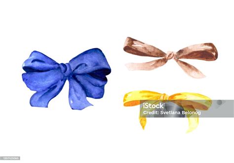 흰색 배경에 고립 된 직물로 만든 선물 활 컬렉션 엽서의 디자인과 장식을위한 수채화 도면 0명에 대한 스톡 벡터 아트 및 기타 이미지 Istock