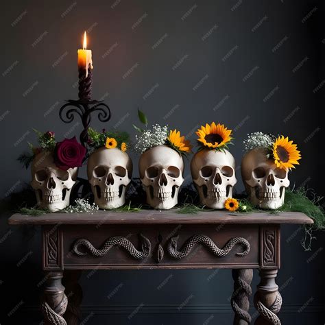 A Table With Skulls And A Candle On It Premium Ai Generated Image