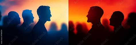 Silhouettes Of Two Groups Of People Facing Opposite Directions Representing Conflict Or