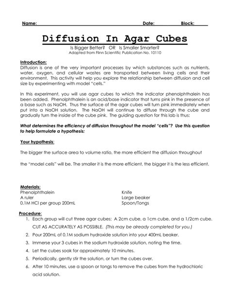 Diffusion In Agar Cubes Lab Worksheet