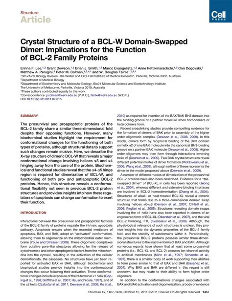 Pdf Crystal Structure Of A Bcl W Domain Swapped Dimer Implications