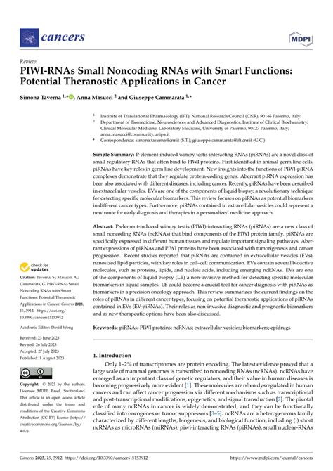 Pdf Piwi Rnas Small Noncoding Rnas With Smart Functions Potential Theranostic Applications In