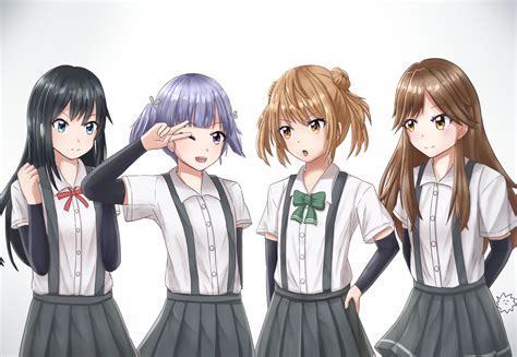 배경 화면 아사시오 카 콜레 오시오 카 콜레 Michishio Kancolle 아라시오 칸 콜레 돌연변이 긴 머리 파란 머리 갈색 머리의 간타이 컬렉션