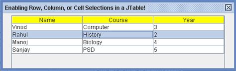 Enabling Row Column And Cell Selections In A Jtable