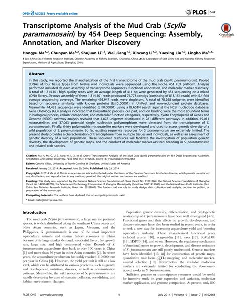 Pdf Transcriptome Analysis Of The Mud Crab Scylla Paramamosain By