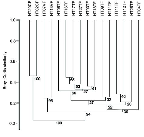 dendrogram resulting from the cluster analysis using the bray curtis
