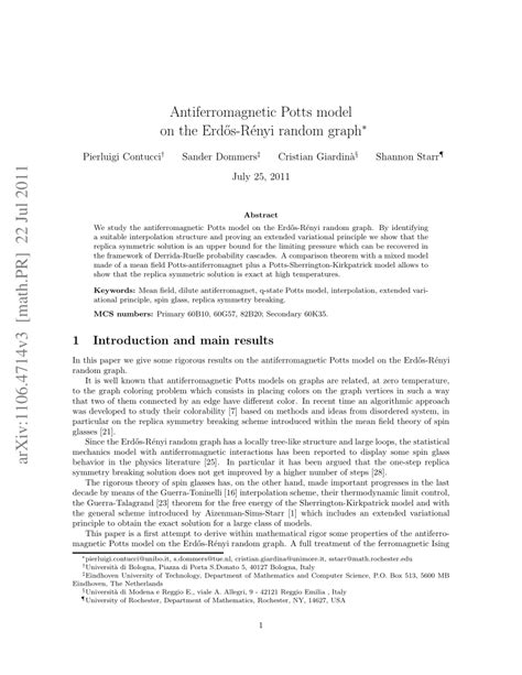 Pdf Antiferromagnetic Potts Model On The Erdas Rnyi Random Graph