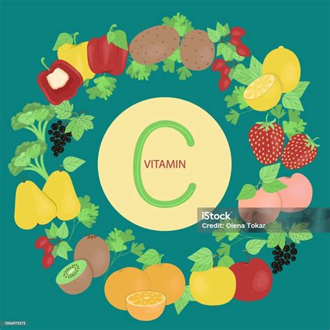 비타민 C 과일 및 채소가 함유된 과일과 채소 세트는 비타민 C 주위에 배치되어 있으며 흰색 배경에 평평한 스타일로 벡터 일러스트레이션을 배치합니다 0명에 대한 스톡 벡터