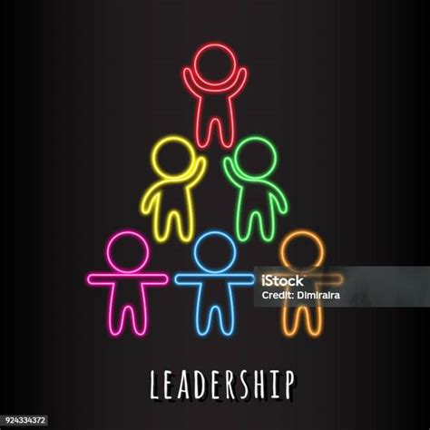 리더십 다채로운 아이콘입니다 네온으로 양식된 인간의 수치 노을에 고립 된 어두운 배경 경력 성장 개발입니다 사람들이 실루엣의 피라미드 친절 한 도움말 및 지원의 그룹 로고에