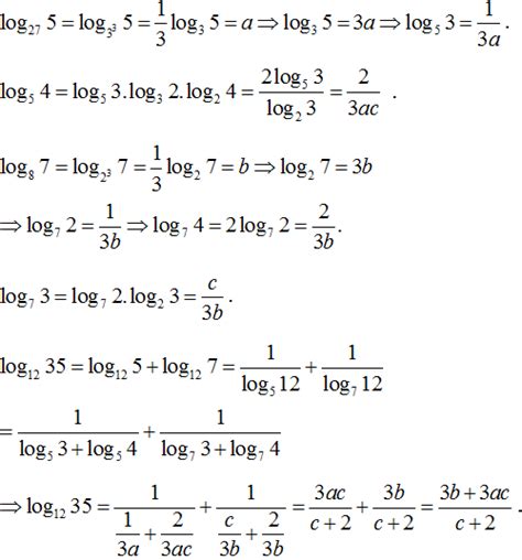 cho log 27 5 a log 8 7 b log 2 3 c tính log 12 35