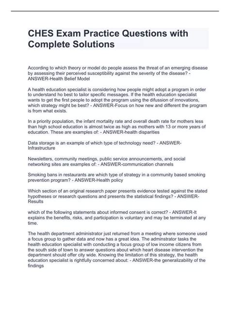 Ches Exam Practice Questions With Complete Solutions Ches Certified Health Education