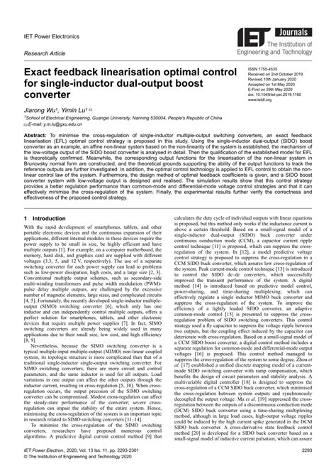 Pdf Exact Feedback Linearization Optimal Control For Single Inductor Dual Output Boost Converter
