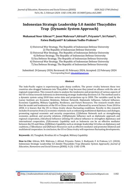 Pdf Indonesian Strategic Leadership 50 Amidst Thucydides Trap Dynamic System Approach